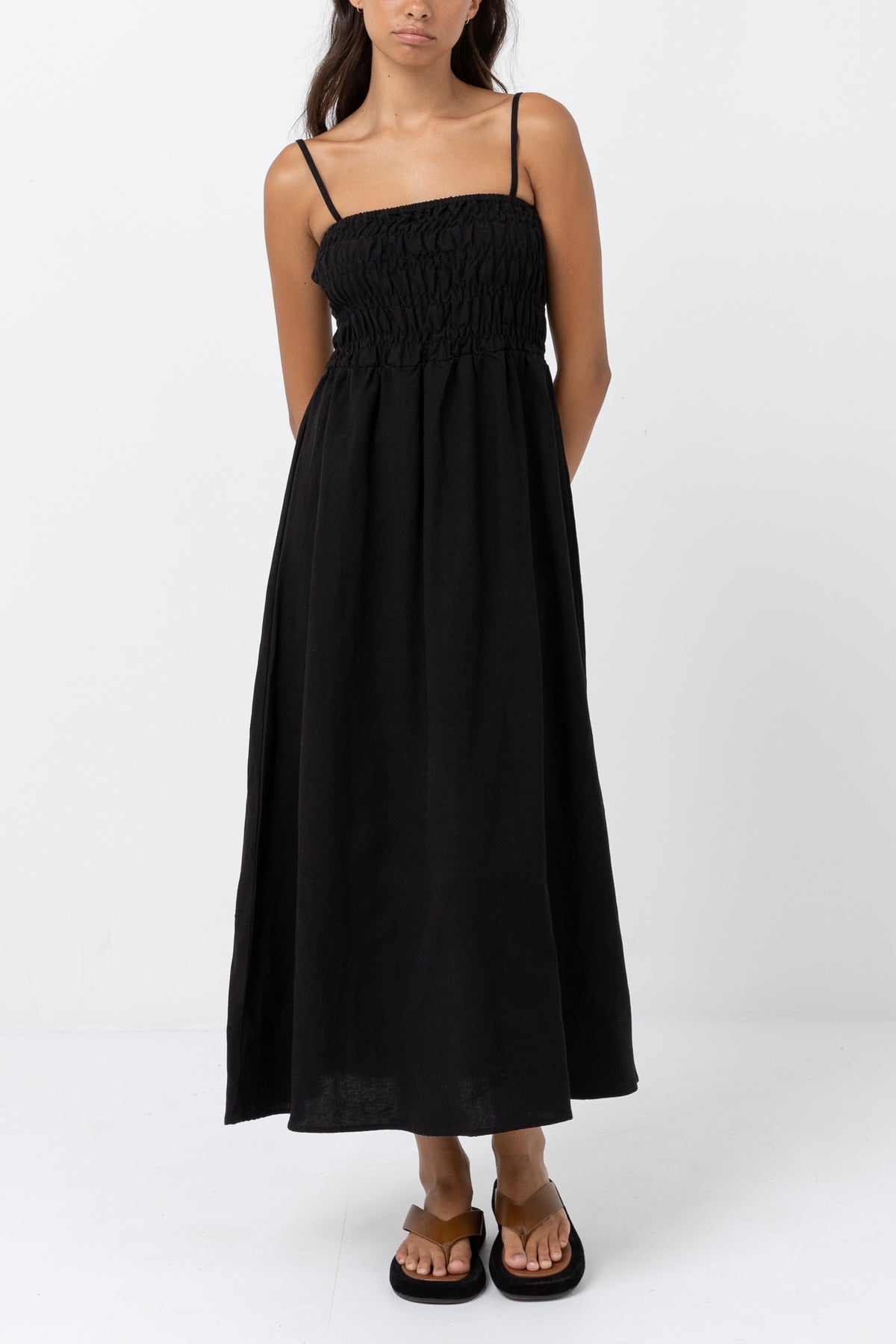 Classic Shirred Midi Dress Black – Rhythm New Zealand