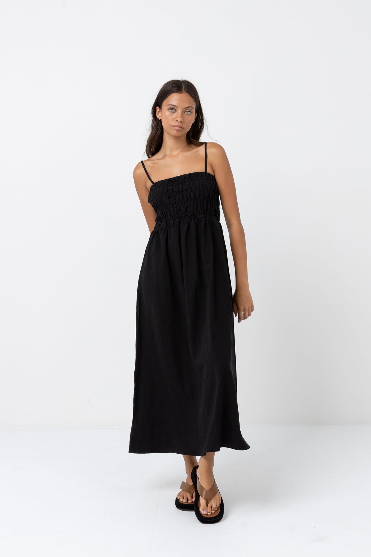 Classic Shirred Midi Dress Black – Rhythm New Zealand